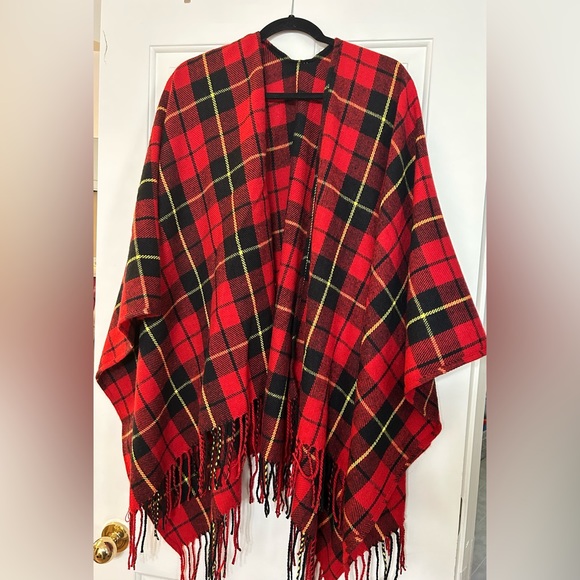 Impressions | Sweaters | Red Plaid Ponchoshaw Shrug | Poshmark